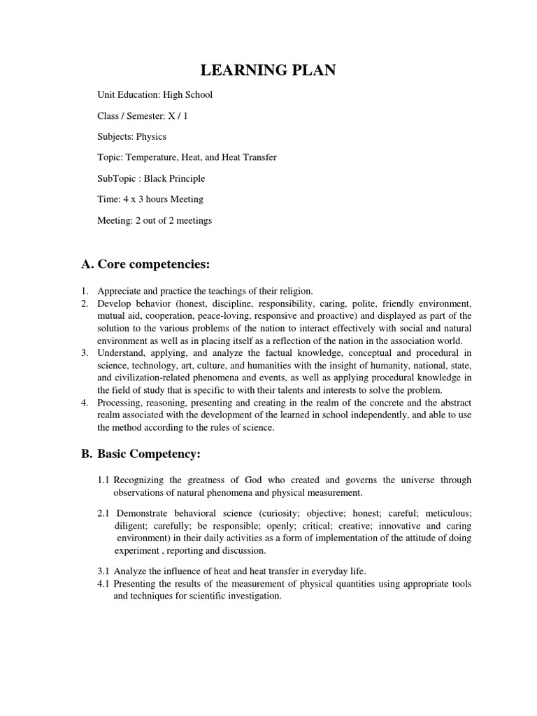Learning Plan: A. Core Competencies | PDF | Temperature | Heat