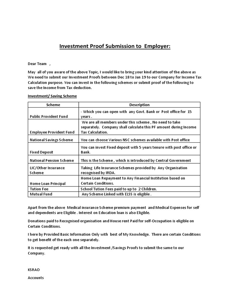 Investment Proof Submission To Employer | PDF