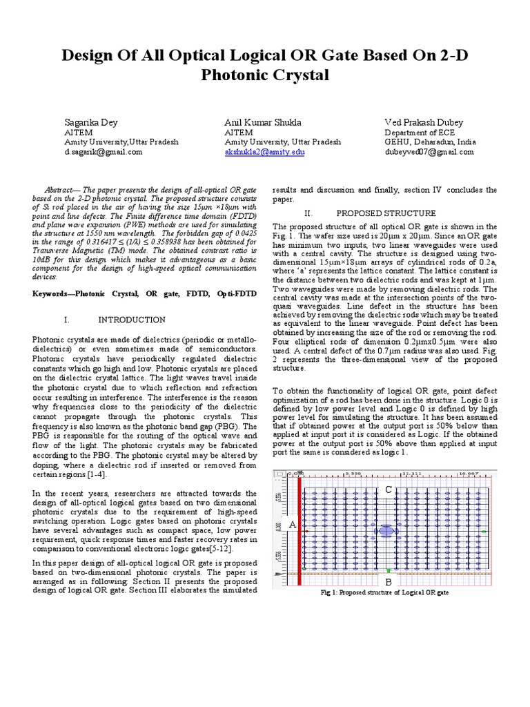 Design of All Optical Logical OR Gate Based On 2-D Photonic Crystal ...