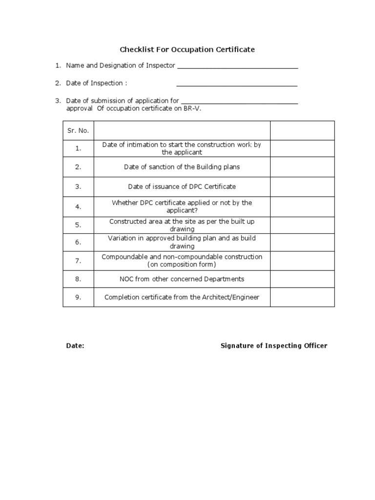 Certificate Of Occupancy Inspection Checklist Template