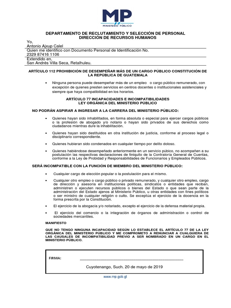 Declaración Articulo 77 Ley Organca Mp | Guatemala | Política