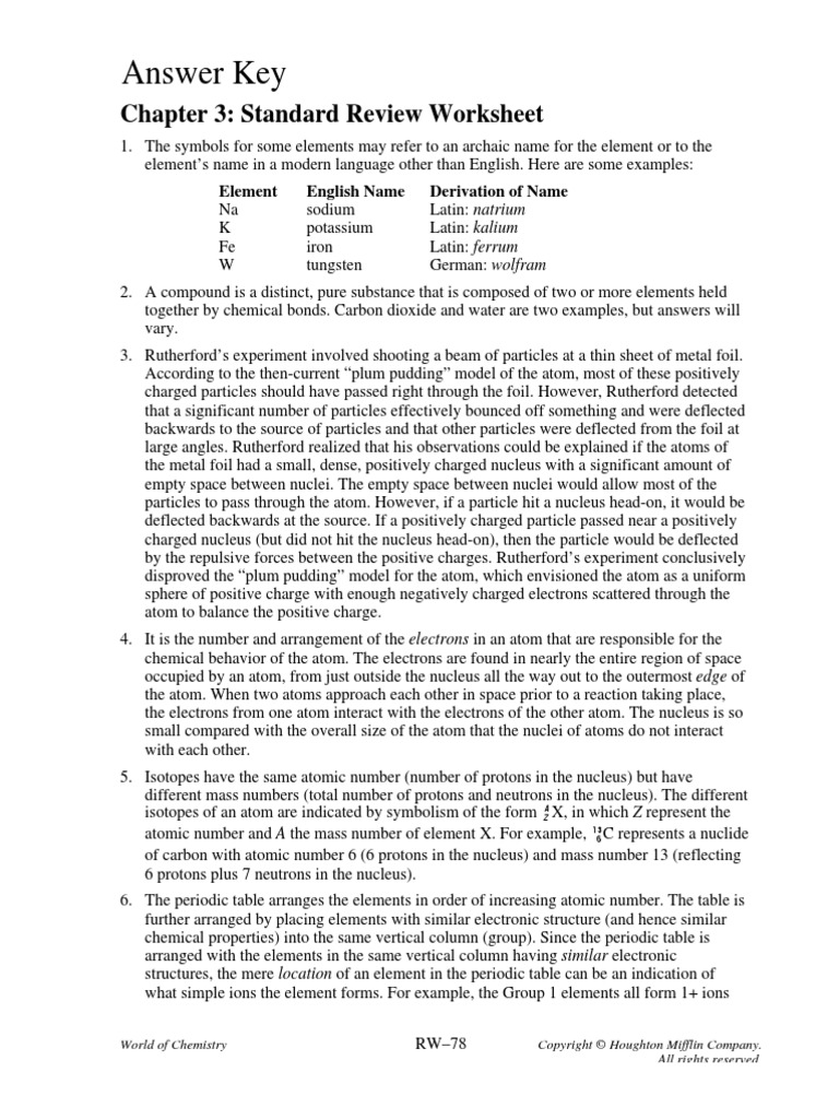 Chemistry CH 3 Review Worksheet Standard Answers | PDF | Ion | Atoms