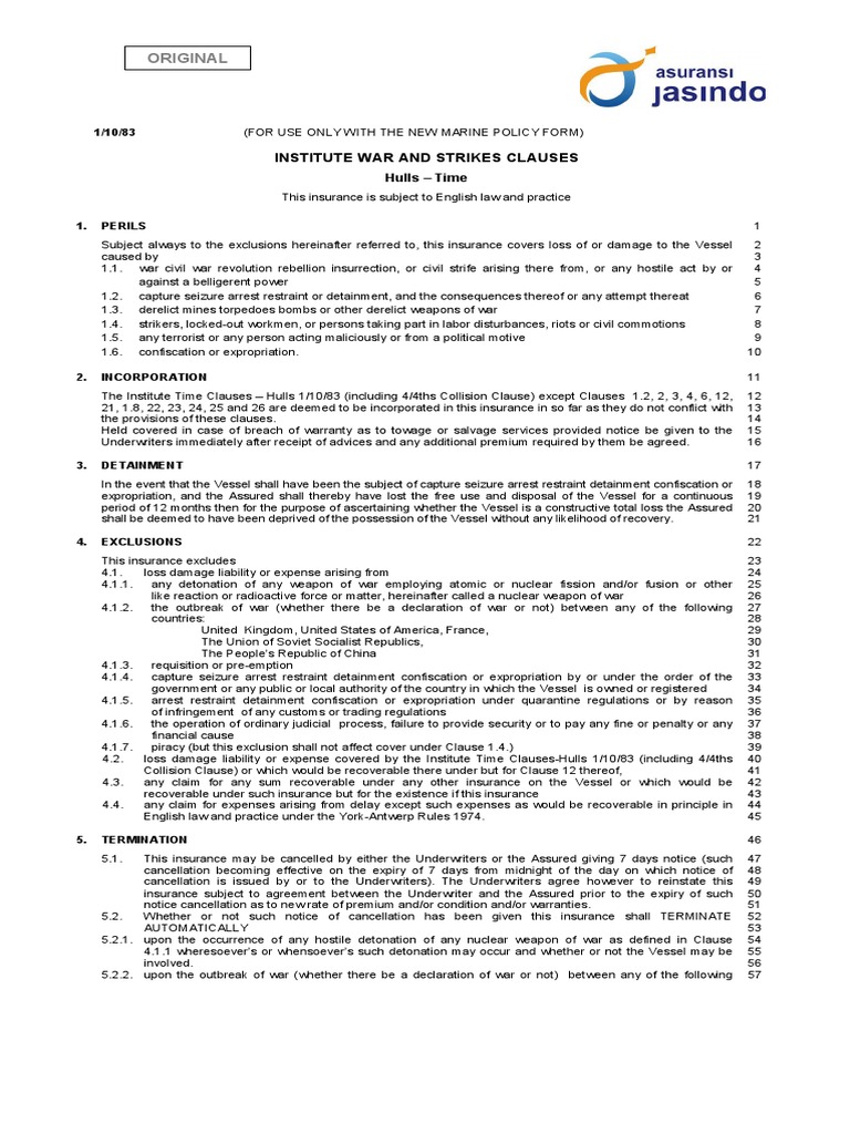 Institute War & Strikes Clauses 1.10.83 - CL. 281 Folio | PDF | Nuclear ...