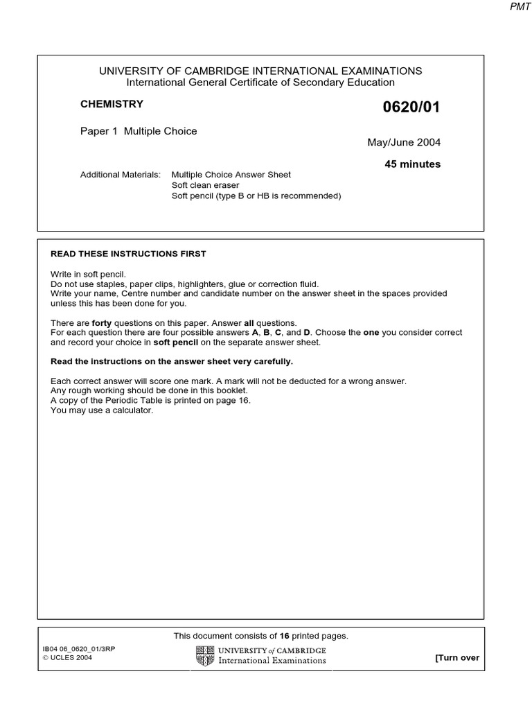 June 2004 QP - Paper 1 CIE Chemistry IGCSE | PDF | Hydrogen | Carbon
