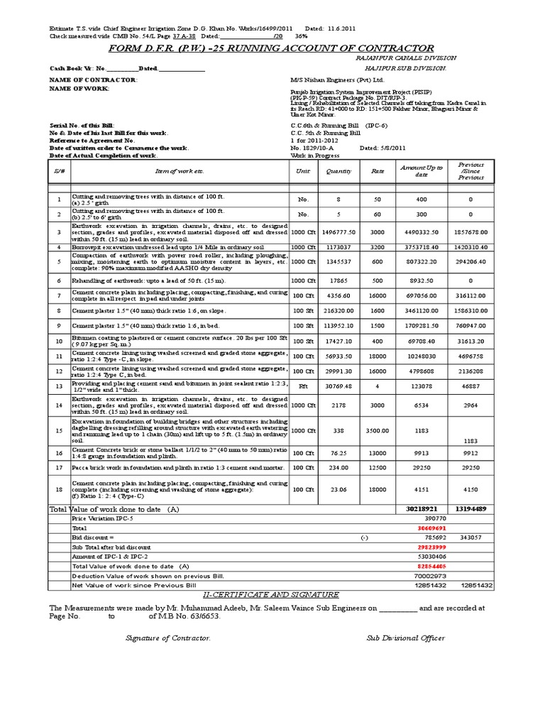 6th Running Bill | PDF | Concrete | Cement