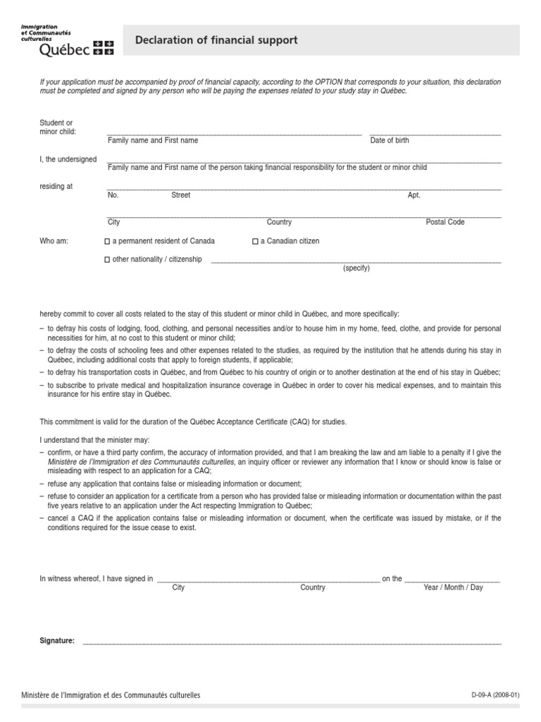 Declaration of Financial Support: Ministère de L'immigration Et Des Communautés Culturelles ...