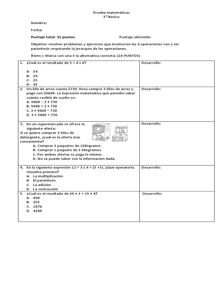 prueba 5° operatoria | Matemáticas | Ciencia