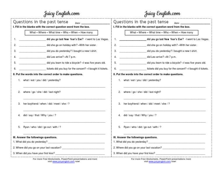 05 2 Questions in Past Tense | PDF | Holidays | Observances