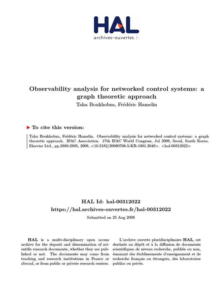Observability Analysis For Networked Control Systems: A Graph Theoretic Approach | Download Free ...