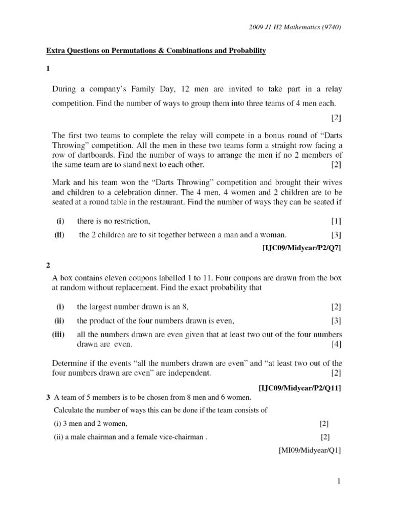 Extra Questions On Permutations & Combinations and Probability 1 | PDF | Leisure | Teaching ...