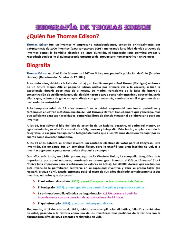Biografía de Edison y Tesla: Inventores clave | PDF | Nikola Tesla ...