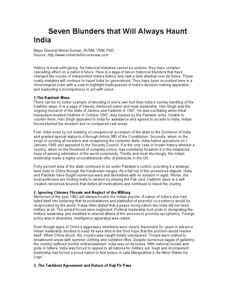 Seven Blunders That Will Always Haunt India | PDF | India–Pakistan ...