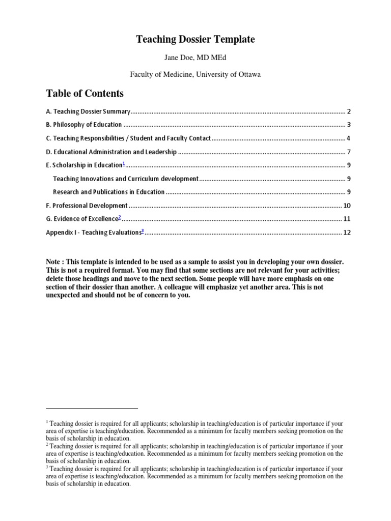 Teaching Dossier Template: Jane Doe, MD Med Faculty of Medicine, University of Ottawa | PDF ...