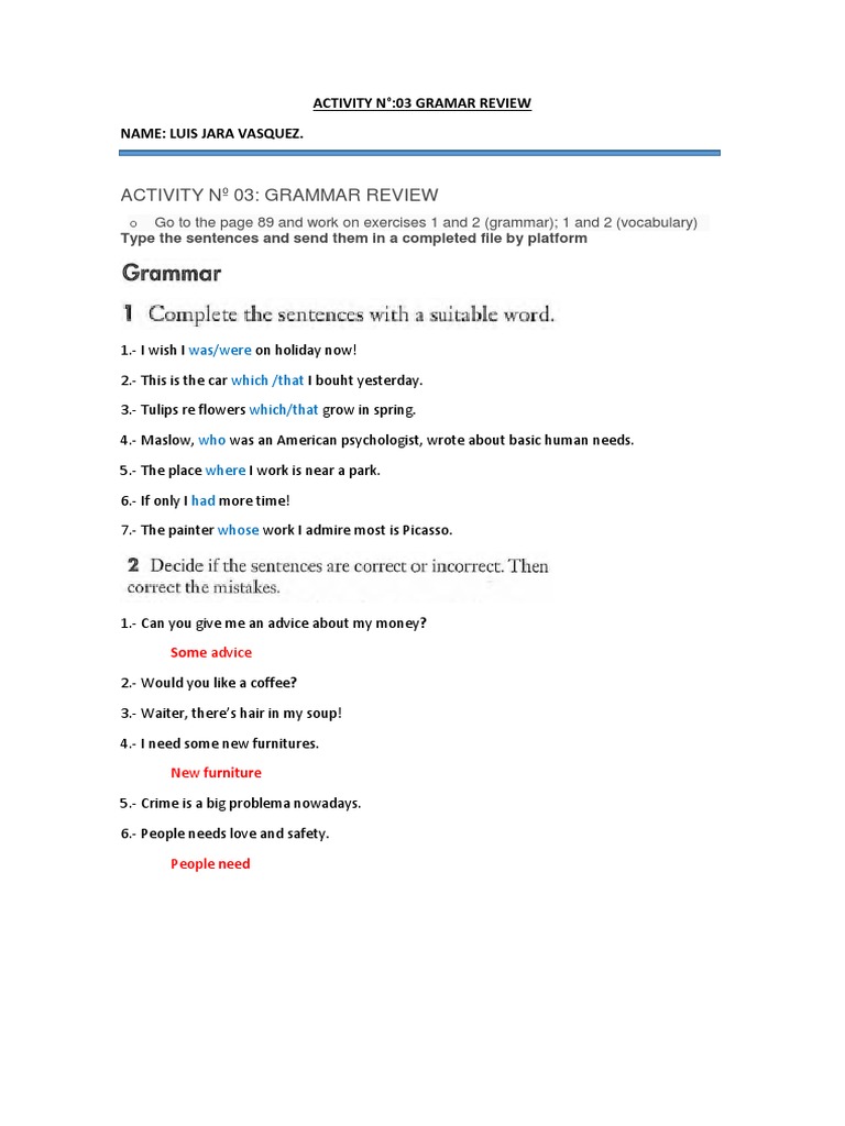 Grammar Review Exercises for Students | PDF