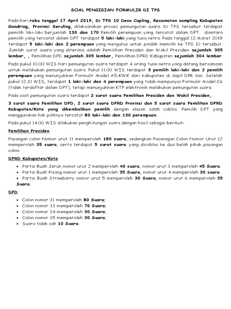Contoh Soal Pengisian Formulir Model C1 Bintek KPPS | PDF
