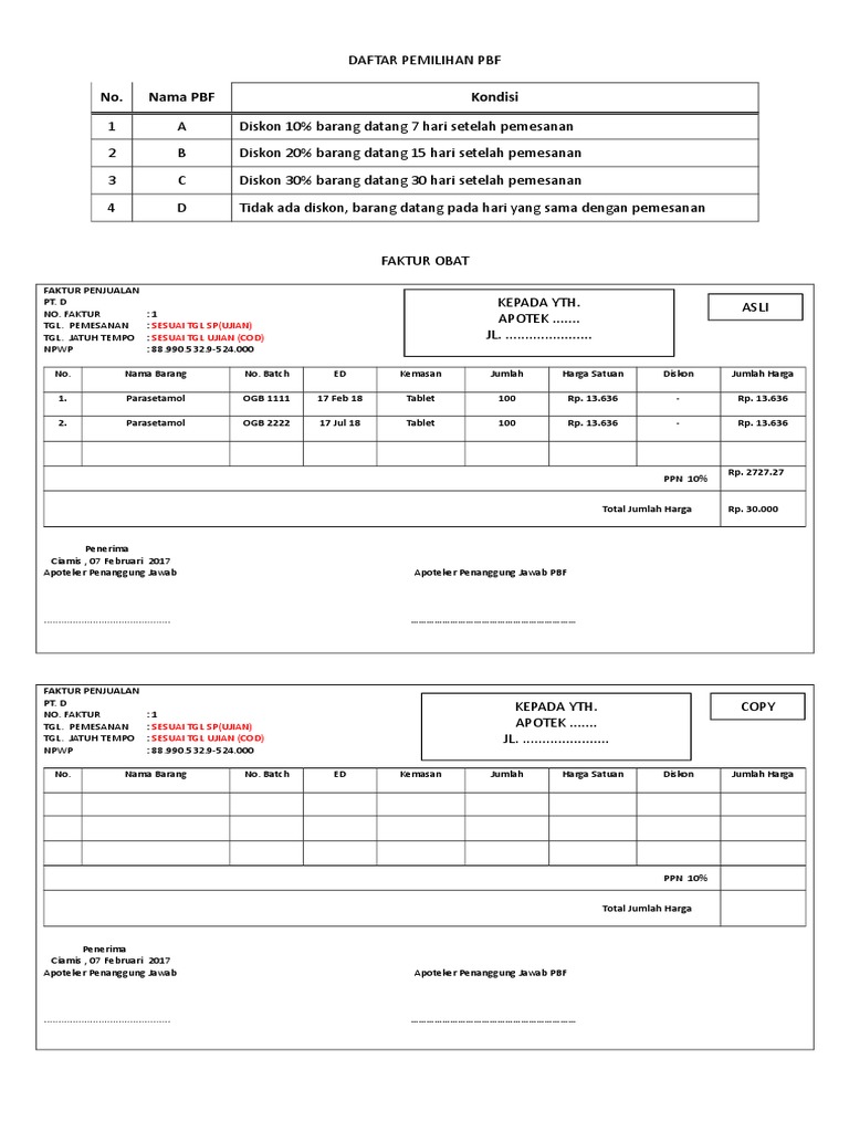 Contoh Daftar PBF, Faktur Obat | PDF