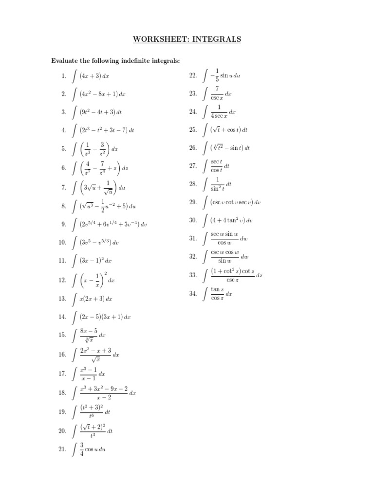 Worksheet: Integrals | PDF | Trigonometric Functions | Algebra