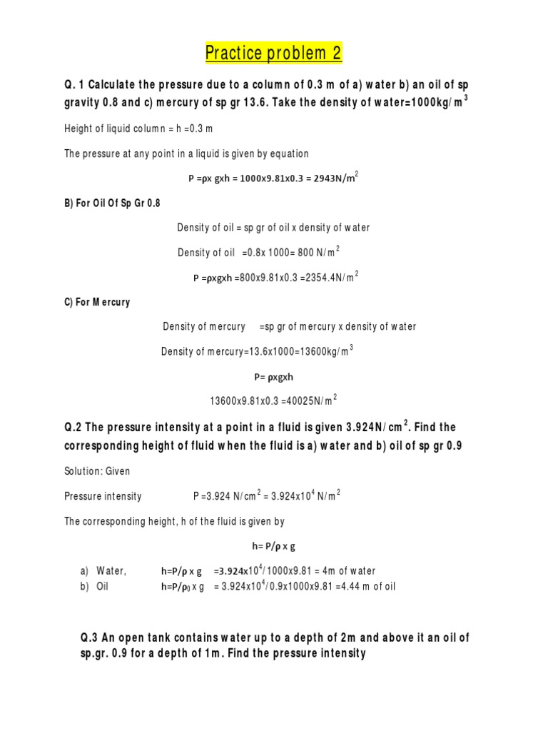 Practise Problem 2 | PDF | Pressure Measurement | Pressure