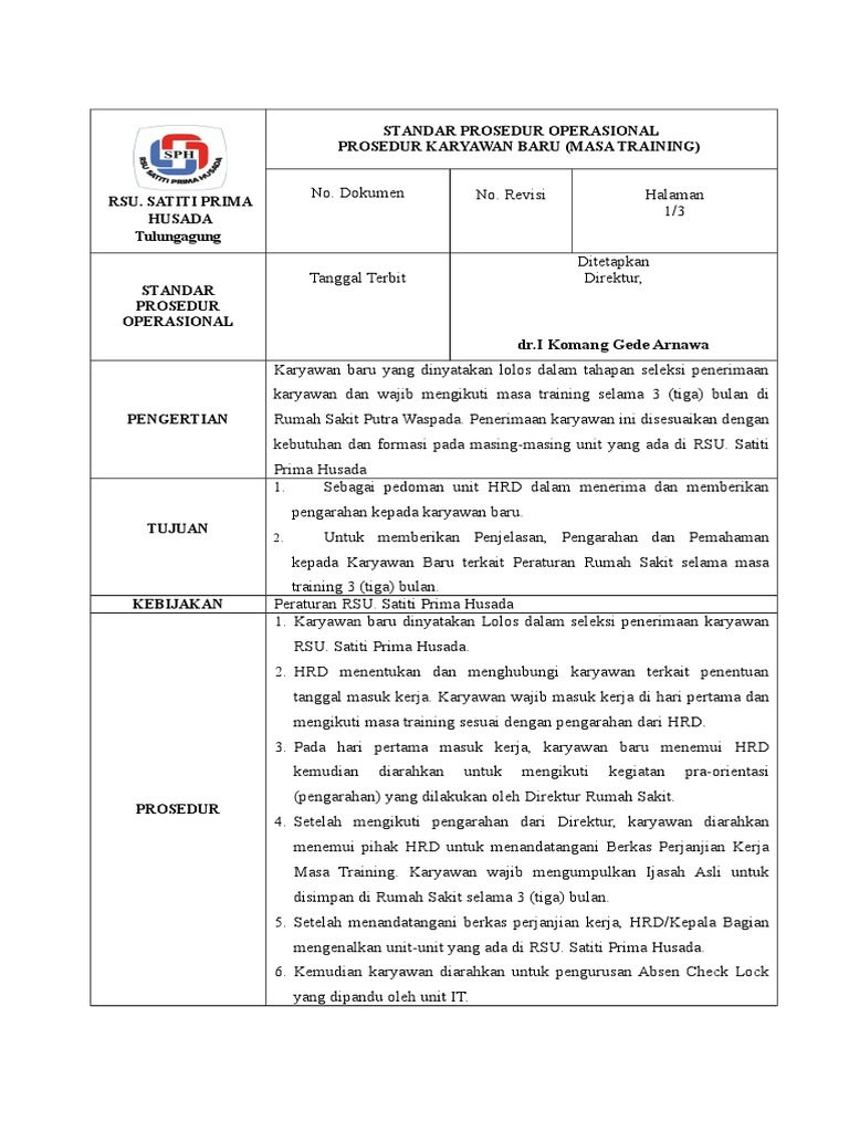 Prosedur Training Karyawan Baru RSU Satiti | PDF