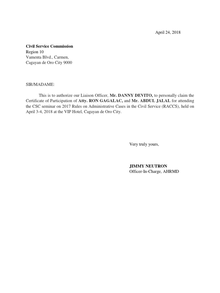 CSC Authorization Letter for Claiming Certificate | PDF