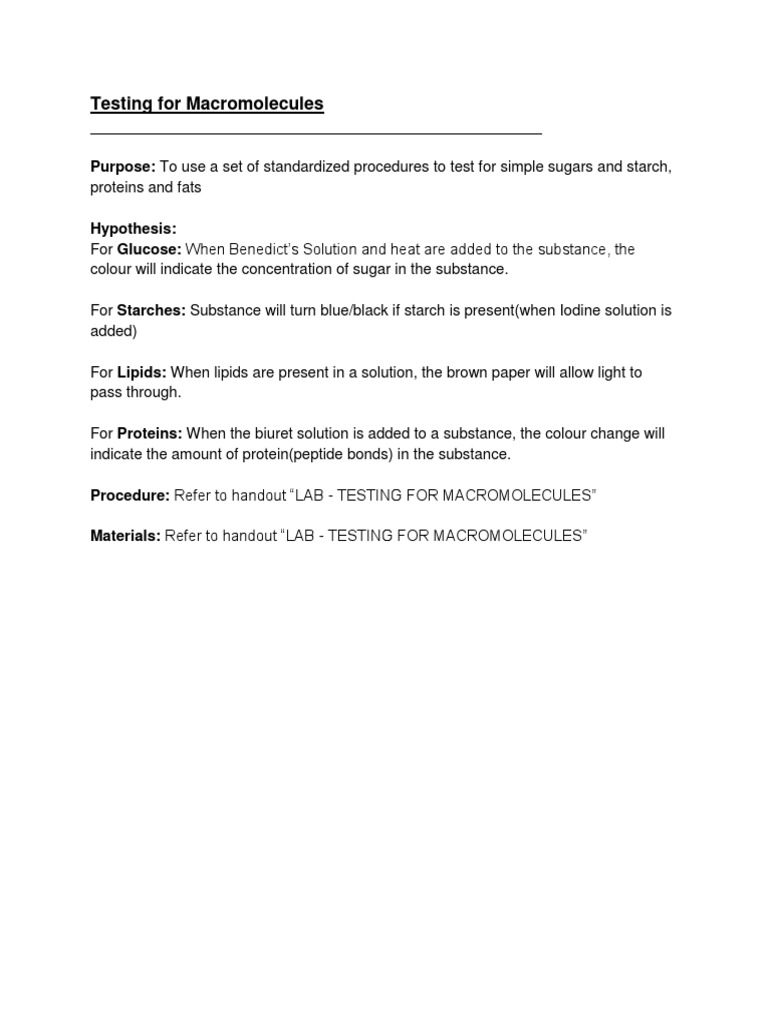 Testing For Macromolecules: Purpose: To Use A Set of Standardized ...