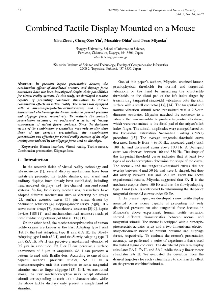 Combined Tactile Display Mounted On A Mouse: Yiru Zhou, Cheng-Xue Yin ...
