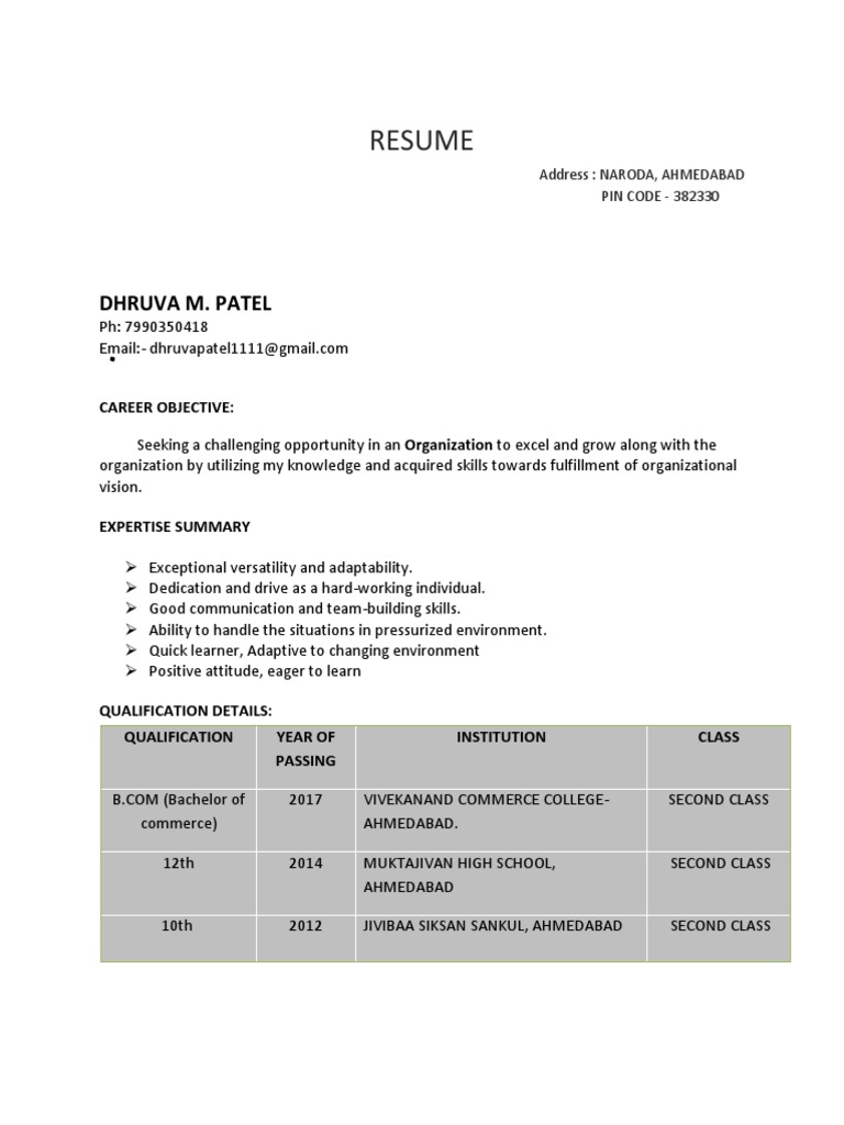 Dhruva Patel's Resume: B.Com, Skills & Experience | PDF