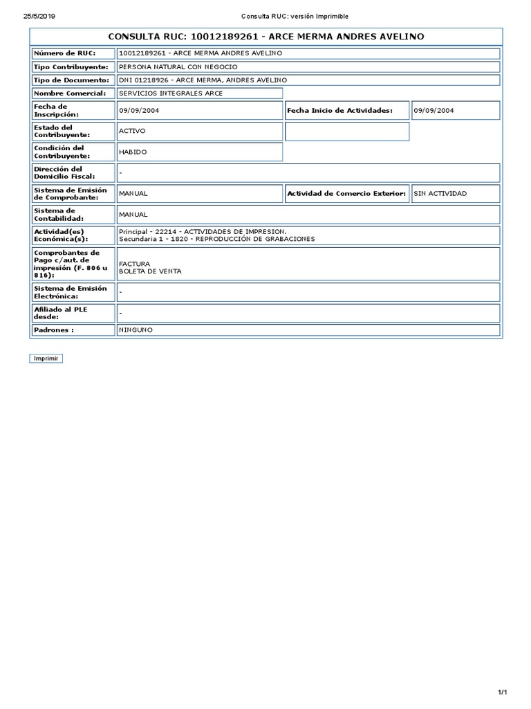 Consulta RUC - Versión Imprimible | PDF | Negocios | Finanzas y dinero