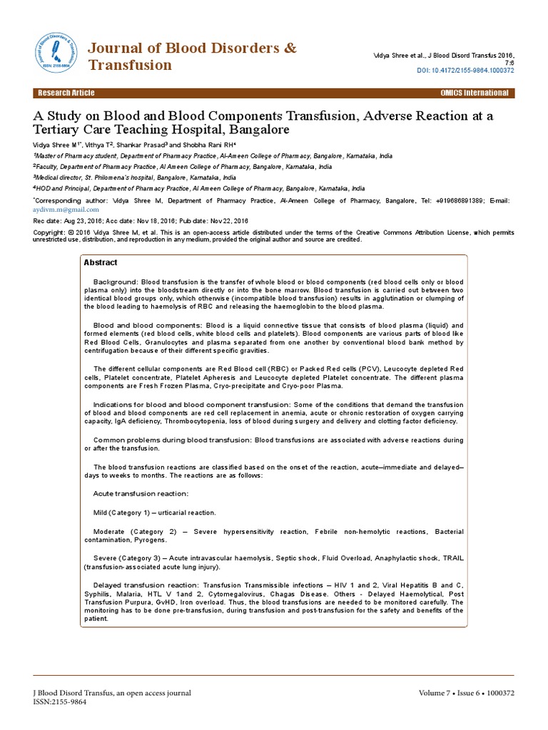 A Study On Blood and Blood Components Transfusion Adverse Reaction at ...