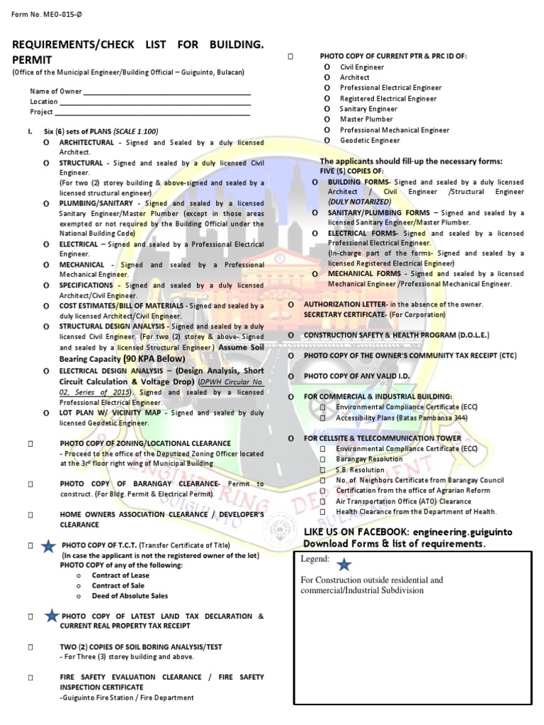 Building Permit Requirements Checklist | PDF | Engineer | Real Property