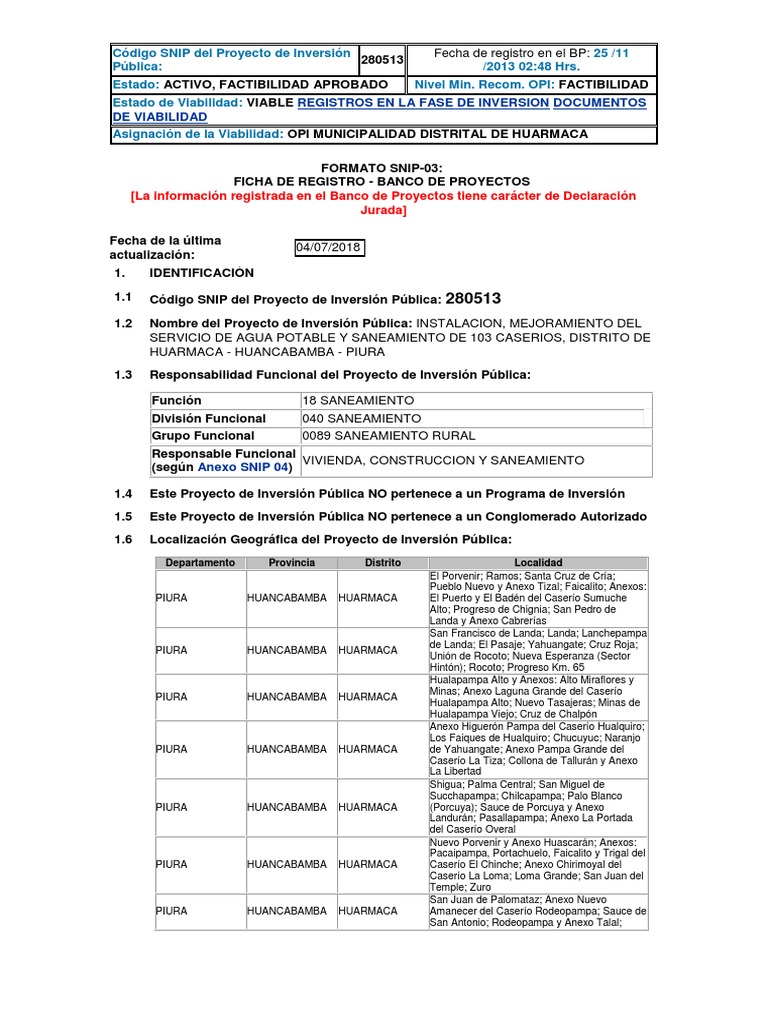 Ficha de Registro SNIP 280513 | PDF | Agua | Bienestar