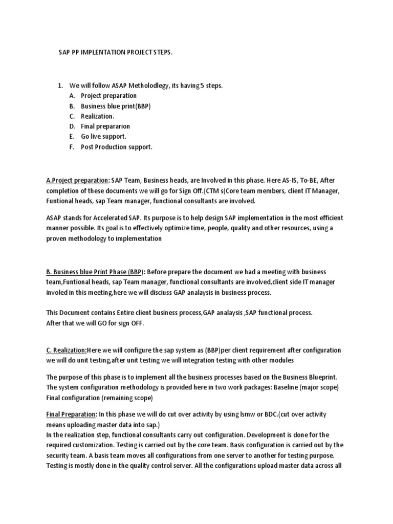 Sap PP Project Implementatinsteps | PDF | Software Development | Information Technology Management