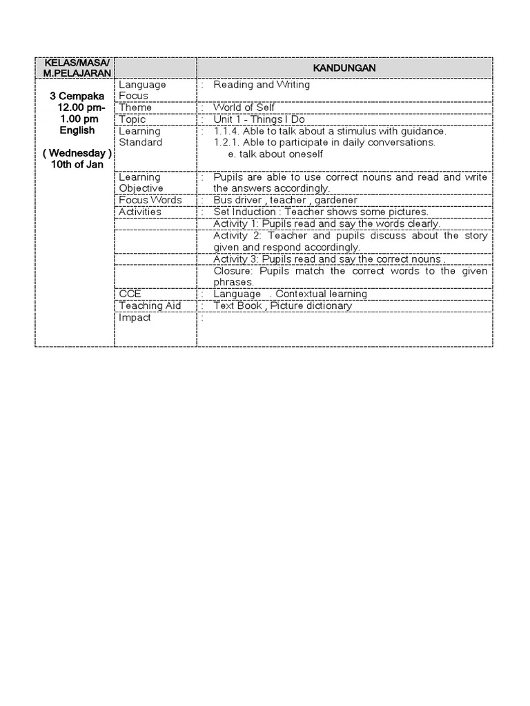 RPH English Year 3 | PDF