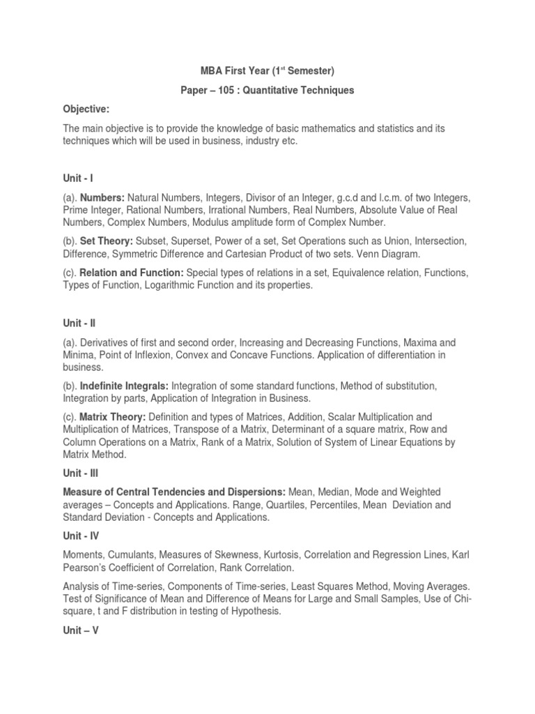 MBA First Year (1 Semester) Paper - 105: Quantitative Techniques ...
