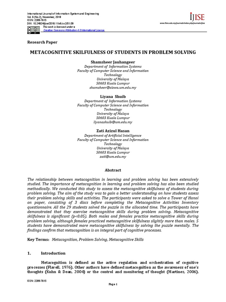 Metacognitive Skilfulness of Students in Problem Solving: Research ...