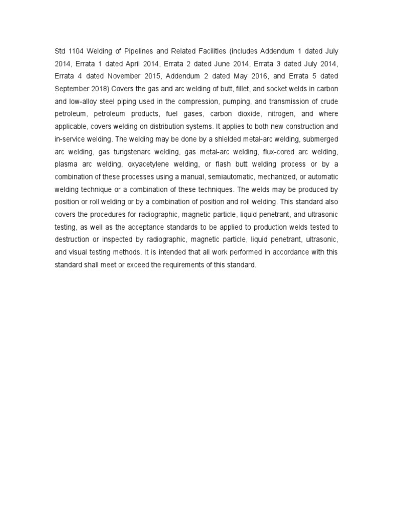 STD 1104 Welding of Pipelines and Related Facilities | PDF | Welding | Construction