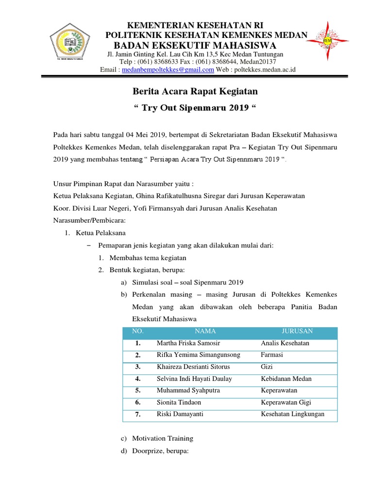 Berita Acara Rapat Kegiatan Try Out Sipenmaru 2019 | PDF
