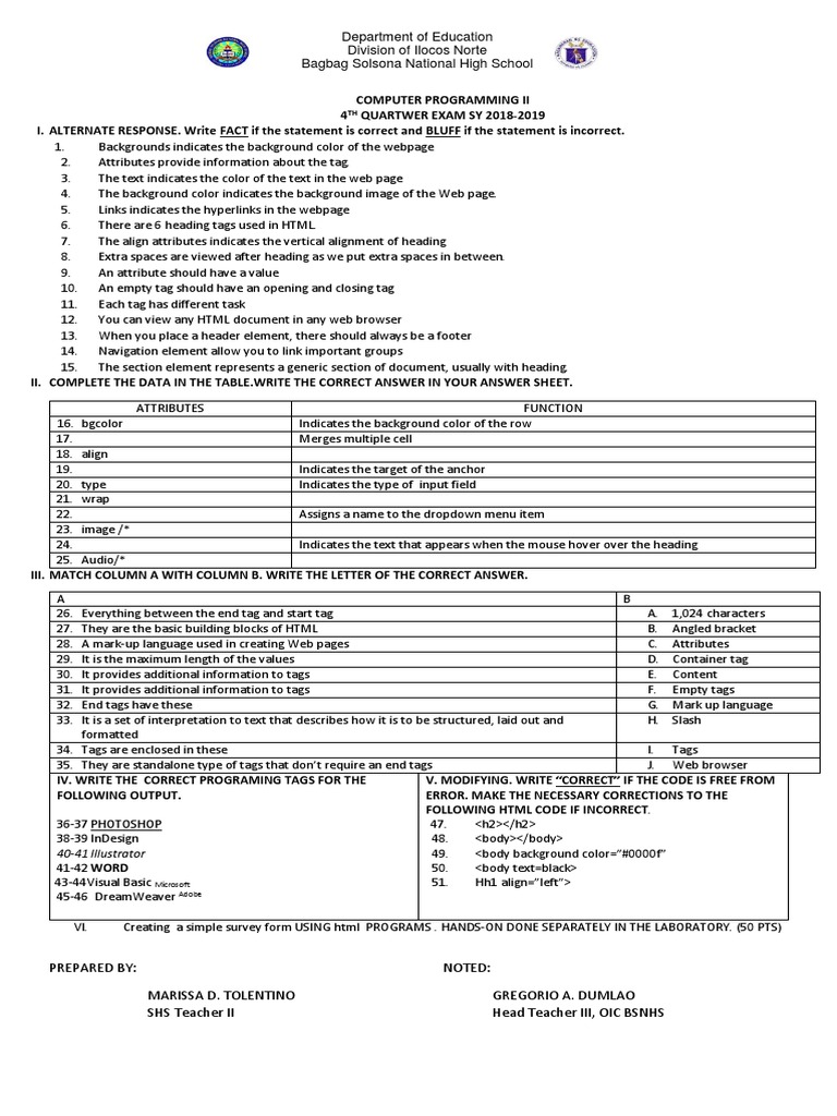 Computer Programming II 4th Quarter Exam: HTML Formatting, Tags, and ... Computer Programming II 4th Quarter Exam: HTML Formatting, Tags, and ...