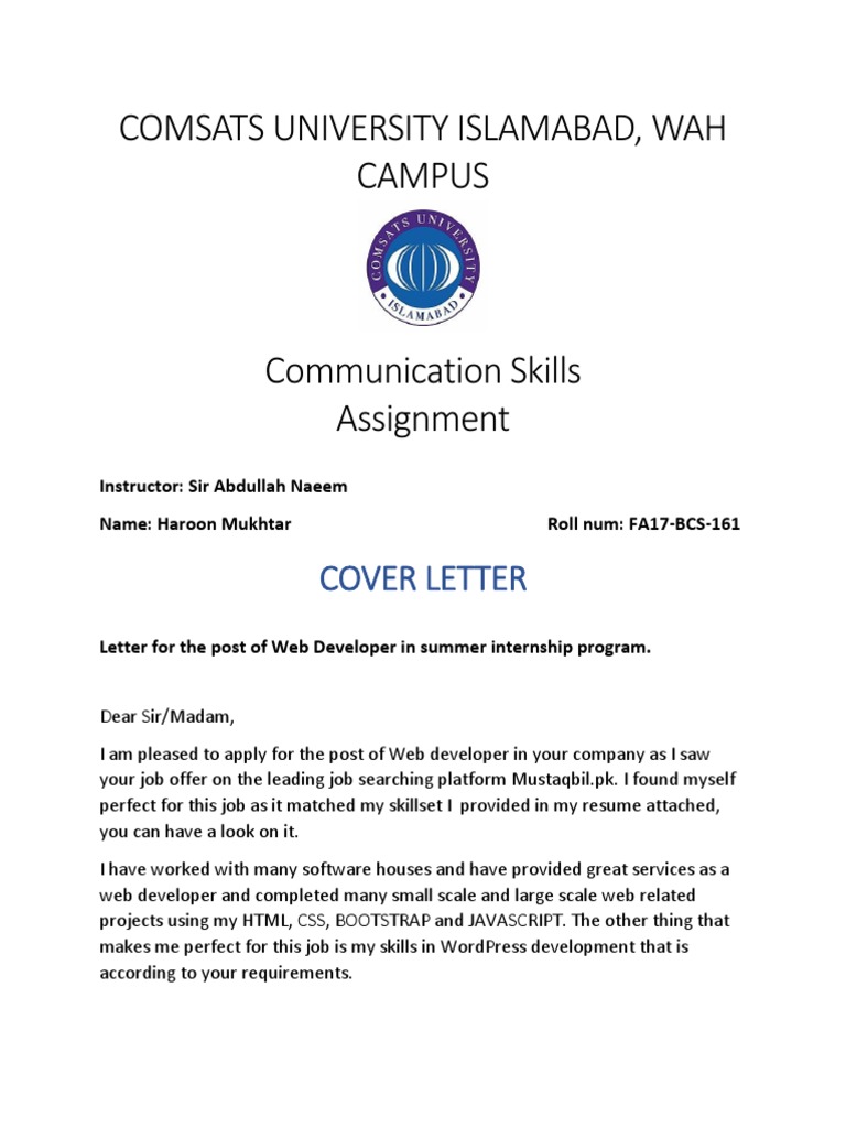 Comsats University Islamabad, Wah Campus: Cover Letter | PDF