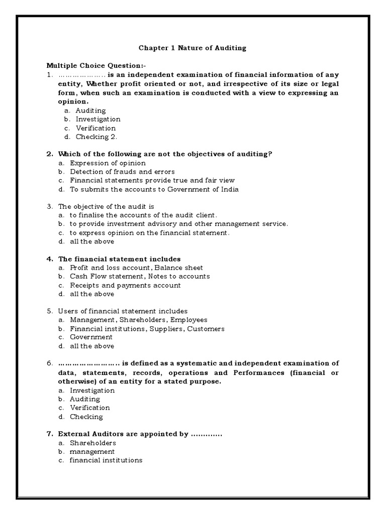 Chapter 1 Nature of Auditing MCQs Rohit Sir PDF | PDF | Internal Control | Audit