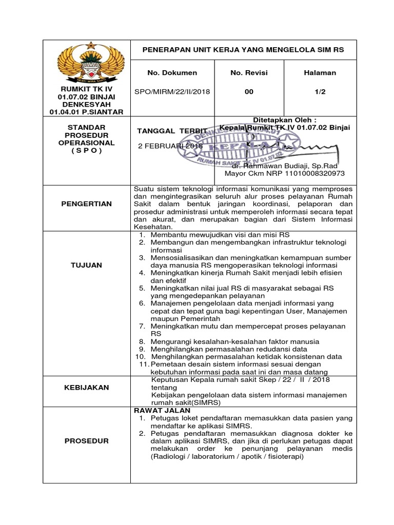 Spo Penetapan Unit Kerja Sim Rs | PDF