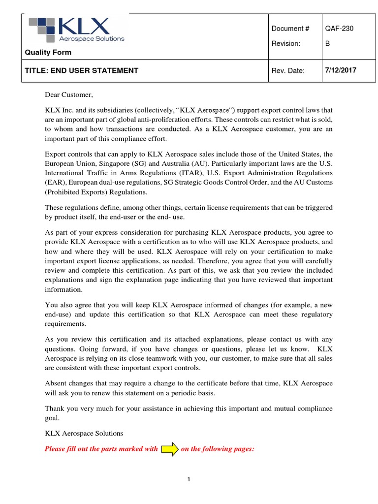 Quality Form Title: End User Statement: Please Fill Out The Parts ...
