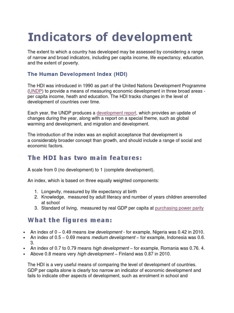 Indicators of Development: The Human Development Index (HDI) | PDF