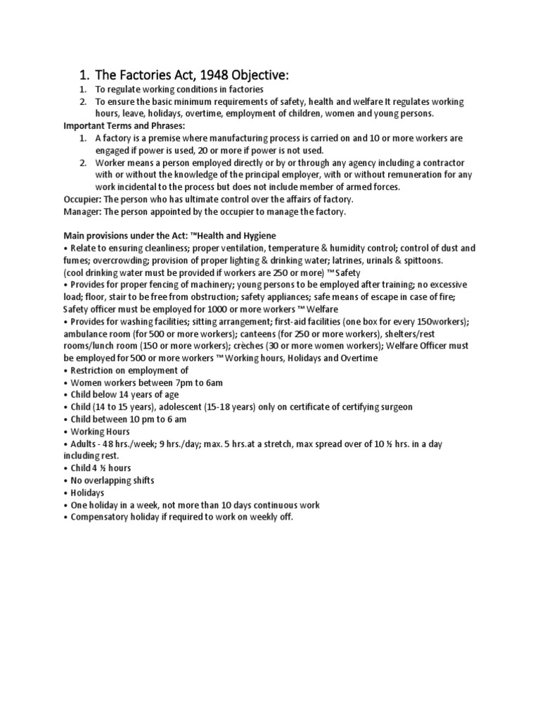 The Factories Act, 1948 Objective:: Important Terms and Phrases | PDF