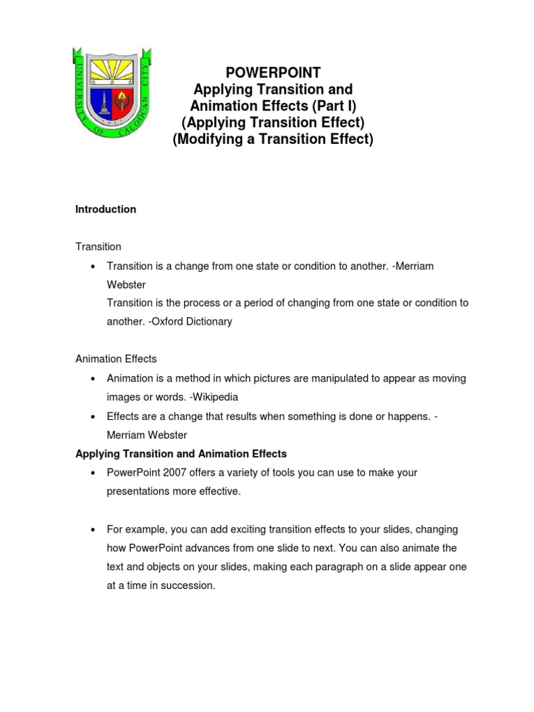 Powerpoint Applying Transition and Animation Effects (Part I) (Applying ...