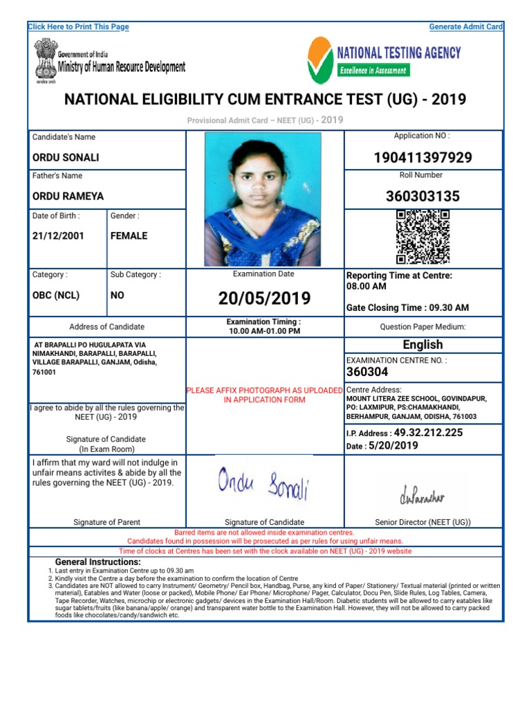NEET 2019 Provisional Admit Card | PDF
