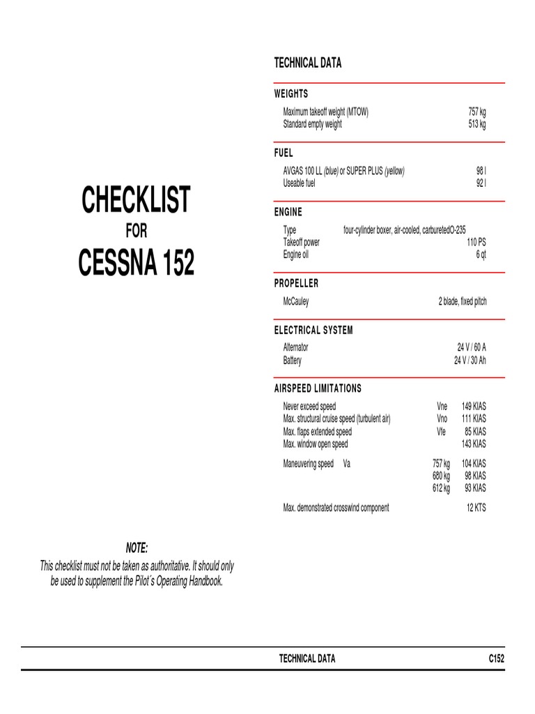 Checklist Cessna 152: Technical Data | PDF | Carburetor | Throttle