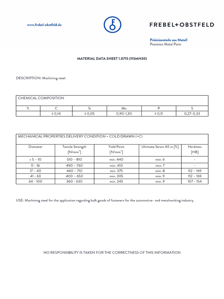 11SMN30 Machining Steel Data Sheet | PDF | Technology & Engineering