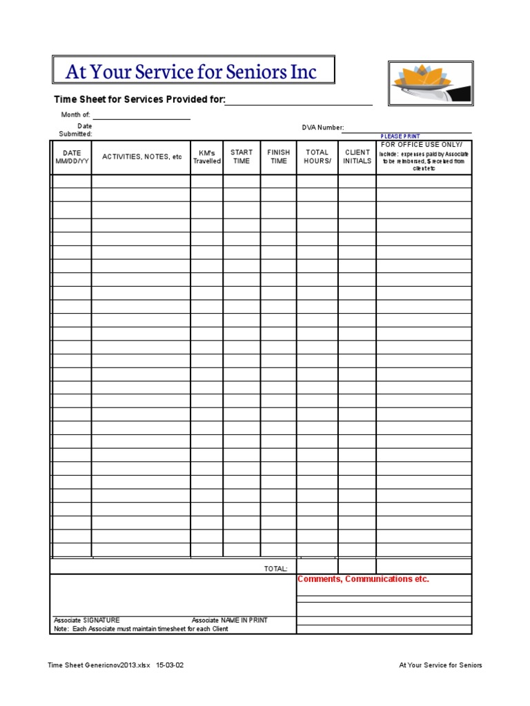 At Your Service For Seniors Inc: Time Sheet For Services Provided For | PDF