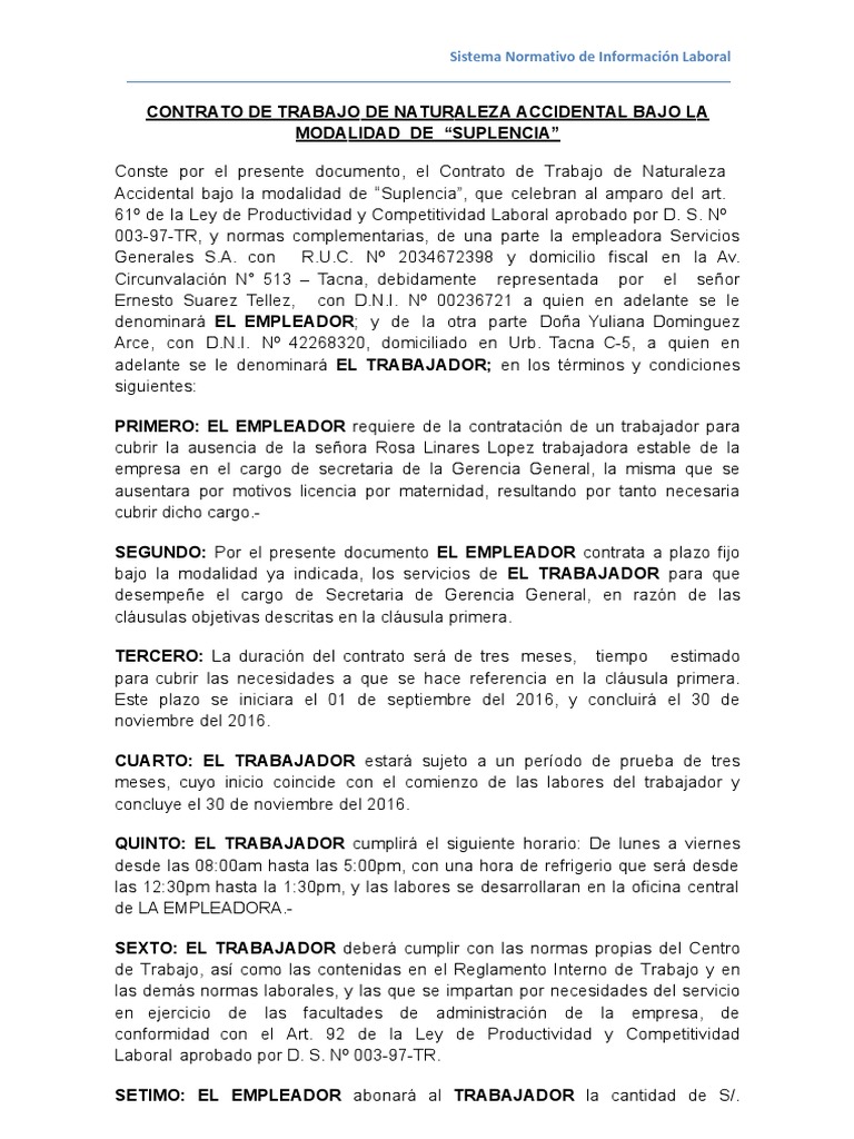 CONTRATO DE TRABAJO DE NATURALEZA ACCIDENTAL BAJO LA MODALIDAD DE “SUPLENCIA” | Derecho laboral ...